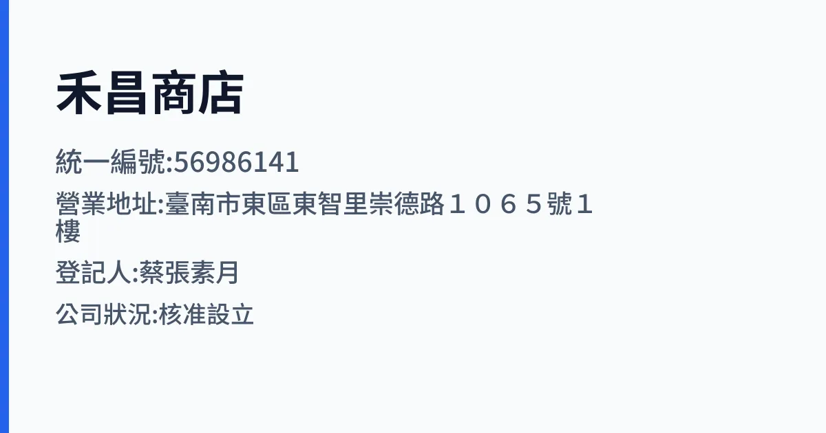 禾昌商店 - 統編 56986141(臺南市) 公司登記資料與營業項目詳細圖表