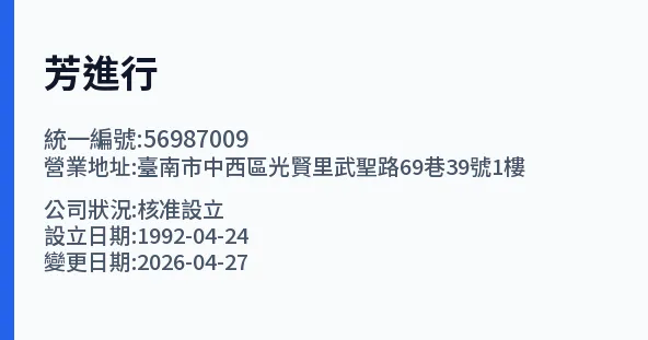芳進行的照片-統編 56987009(臺南市) 公司登記資料與營業項目詳細圖表