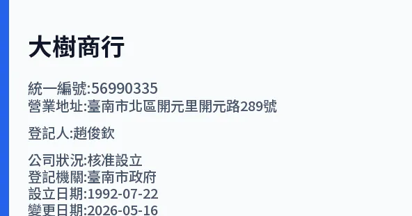 大樹商行的照片-統編 56990335(臺南市) 公司登記資料與營業項目詳細圖表