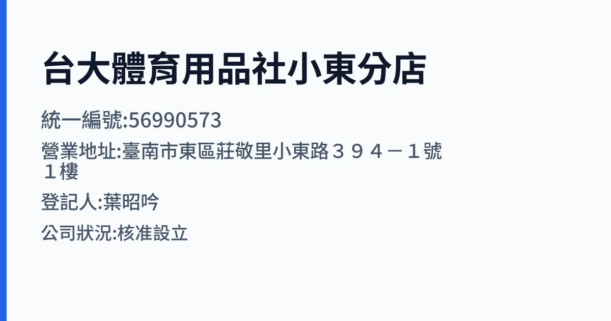 台大體育用品社小東分店 - 統編 56990573(臺南市) 公司登記資料與營業項目詳細圖表