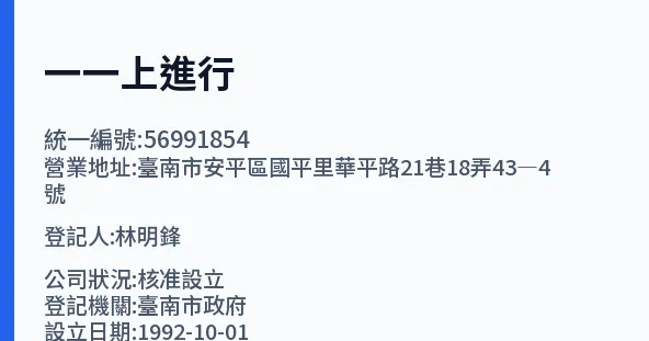 一一上進行的照片-統編 56991854(臺南市) 公司登記資料與營業項目詳細圖表