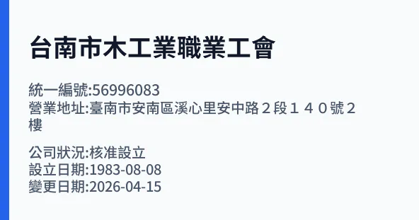 台南市木工業職業工會的照片-統編 56996083(臺南市) 公司登記資料與營業項目詳細圖表