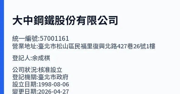 大中鋼鐵股份有限公司的照片-統編 57001161(臺北市) 公司登記資料與營業項目詳細圖表