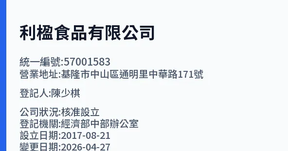 利楹食品有限公司的照片-統編 57001583(基隆市) 公司登記資料與營業項目詳細圖表