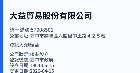 大益貿易股份有限公司的照片-統編 57008501(臺中市) 公司登記資料與營業項目詳細圖表
