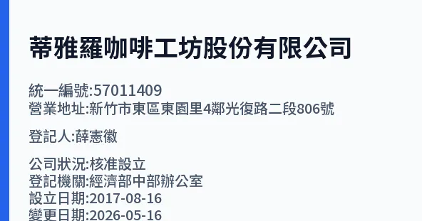 蒂雅羅咖啡工坊股份有限公司的照片-統編 57011409(新竹市) 公司登記資料與營業項目詳細圖表