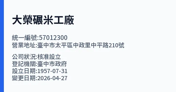 大榮碾米工廠的照片-統編 57012300(臺中市) 公司登記資料與營業項目詳細圖表