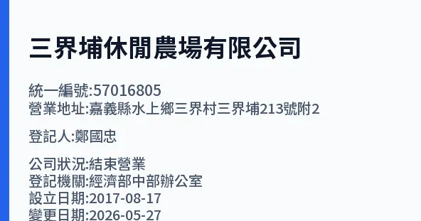 三界埔休閒農場有限公司的照片-統編 57016805(嘉義縣) 公司登記資料與營業項目詳細圖表