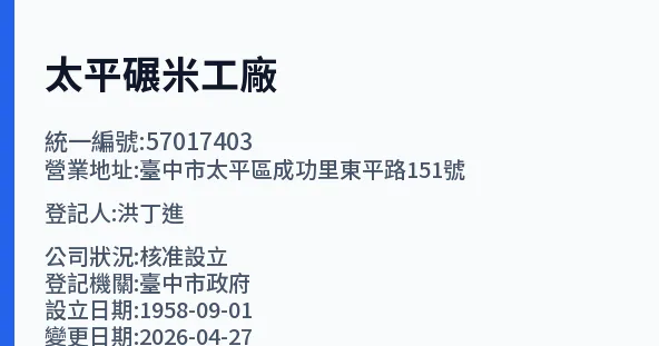 太平碾米工廠的照片-統編 57017403(臺中市) 公司登記資料與營業項目詳細圖表