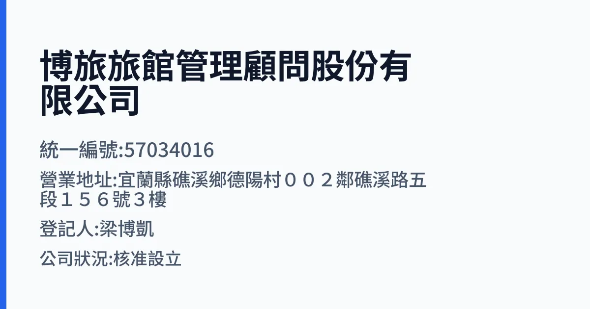 博旅旅館管理顧問股份有限公司 - 統編 57034016(宜蘭縣) 公司登記資料與營業項目詳細圖表