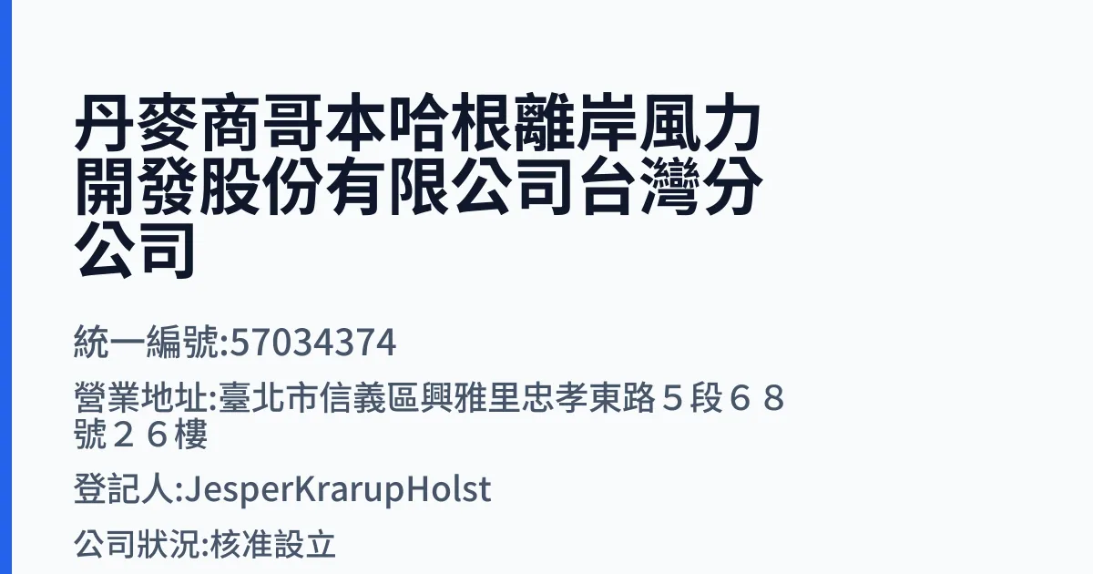 丹麥商哥本哈根離岸風力開發股份有限公司台灣分公司 - 統編 57034374(臺北市) 公司登記資料與營業項目詳細圖表