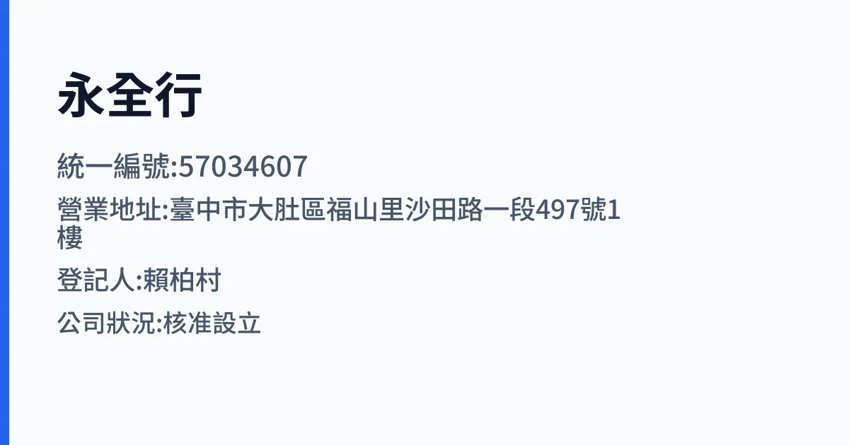 永全行 - 統編 57034607(臺中市) 公司登記資料與營業項目詳細圖表