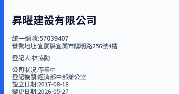 昇曜建設有限公司的照片-統編 57039407(宜蘭縣) 公司登記資料與營業項目詳細圖表