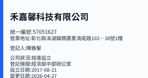 禾嘉馨科技有限公司的照片-統編 57051627(彰化縣) 公司登記資料與營業項目詳細圖表