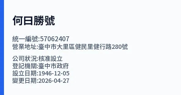 何曰勝號的照片-統編 57062407(臺中市) 公司登記資料與營業項目詳細圖表