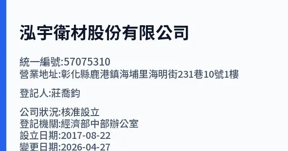 泓宇衛材股份有限公司的照片-統編 57075310(彰化縣) 公司登記資料與營業項目詳細圖表