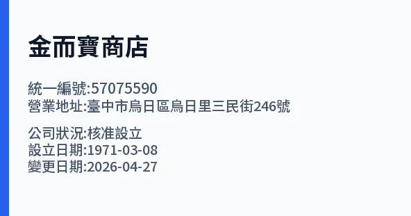 金而寶商店的照片-統編 57075590(臺中市) 公司登記資料與營業項目詳細圖表