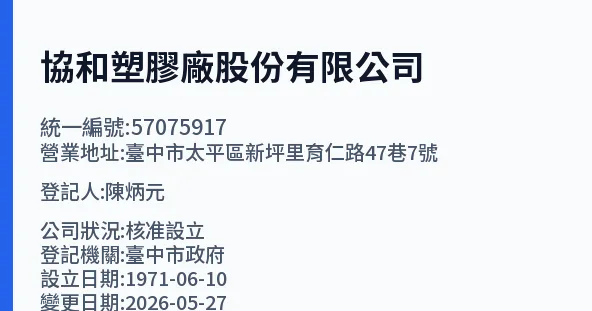 協和塑膠廠股份有限公司的照片-統編 57075917(臺中市) 公司登記資料與營業項目詳細圖表