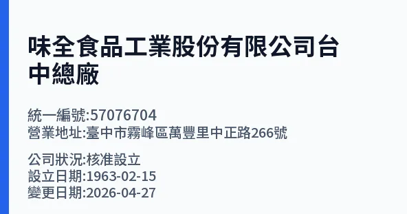 味全食品工業股份有限公司台中總廠的照片-統編 57076704(臺中市) 公司登記資料與營業項目詳細圖表