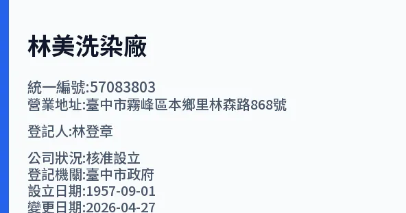林美洗染廠的照片-統編 57083803(臺中市) 公司登記資料與營業項目詳細圖表