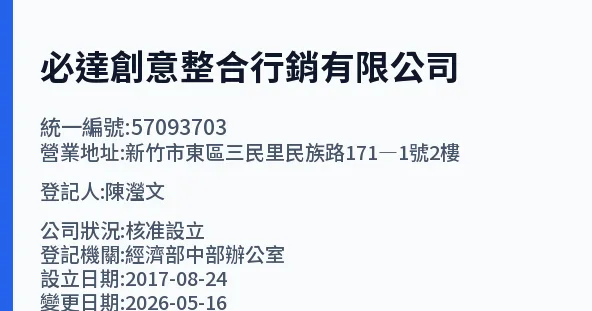 必達創意整合行銷有限公司的照片-統編 57093703(新竹市) 公司登記資料與營業項目詳細圖表