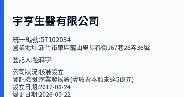 宇亨生醫有限公司的照片-統編 57102034(新竹市) 公司登記資料與營業項目詳細圖表
