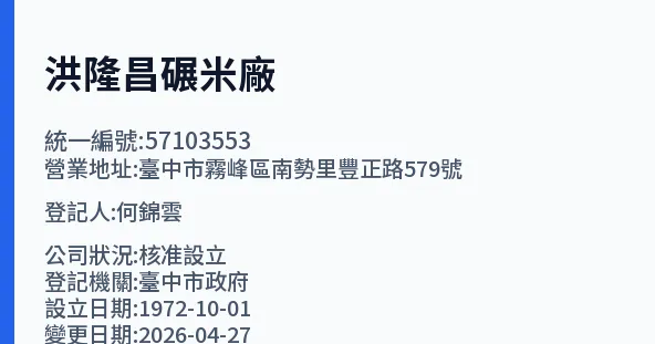 洪隆昌碾米廠的照片-統編 57103553(臺中市) 公司登記資料與營業項目詳細圖表