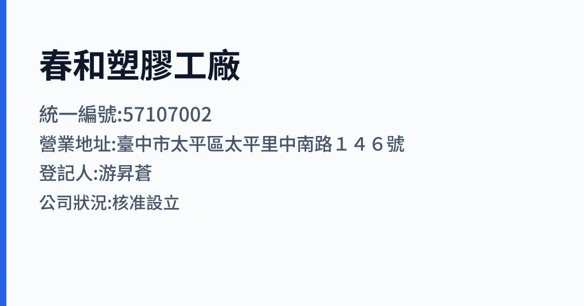 春和塑膠工廠 - 統編 57107002(臺中市) 公司登記資料與營業項目詳細圖表
