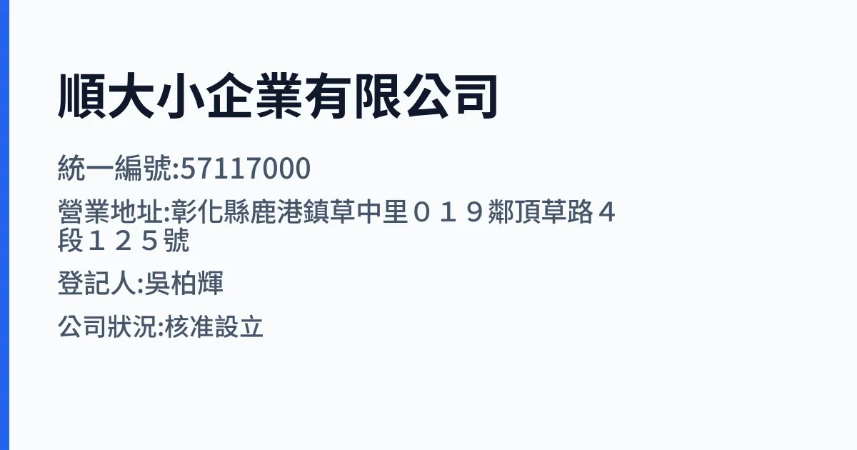 順大小企業有限公司 - 統編 57117000(彰化縣) 公司登記資料與營業項目詳細圖表