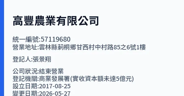 高豐農業有限公司的照片-統編 57119680(雲林縣) 公司登記資料與營業項目詳細圖表