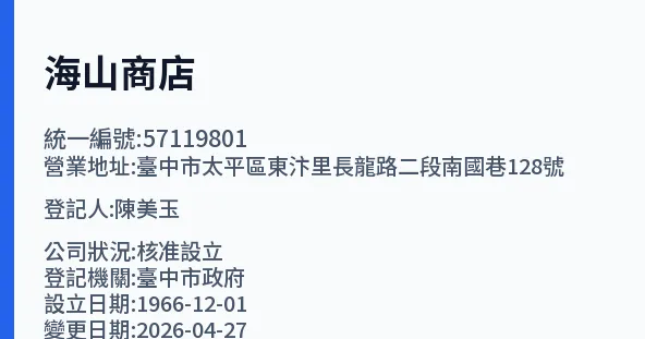 海山商店的照片-統編 57119801(臺中市) 公司登記資料與營業項目詳細圖表