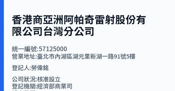 香港商亞洲阿帕奇雷射股份有限公司台灣分公司的照片-統編 57125000(臺北市) 公司登記資料與營業項目詳細圖表