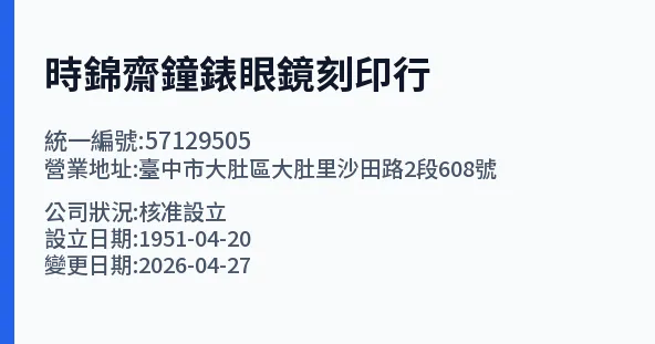 時錦齋鐘錶眼鏡刻印行的照片-統編 57129505(臺中市) 公司登記資料與營業項目詳細圖表