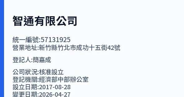 智通有限公司的照片-統編 57131925(新竹縣) 公司登記資料與營業項目詳細圖表