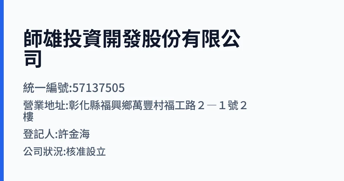 師雄投資開發股份有限公司 - 統編 57137505(彰化縣) 公司登記資料與營業項目詳細圖表