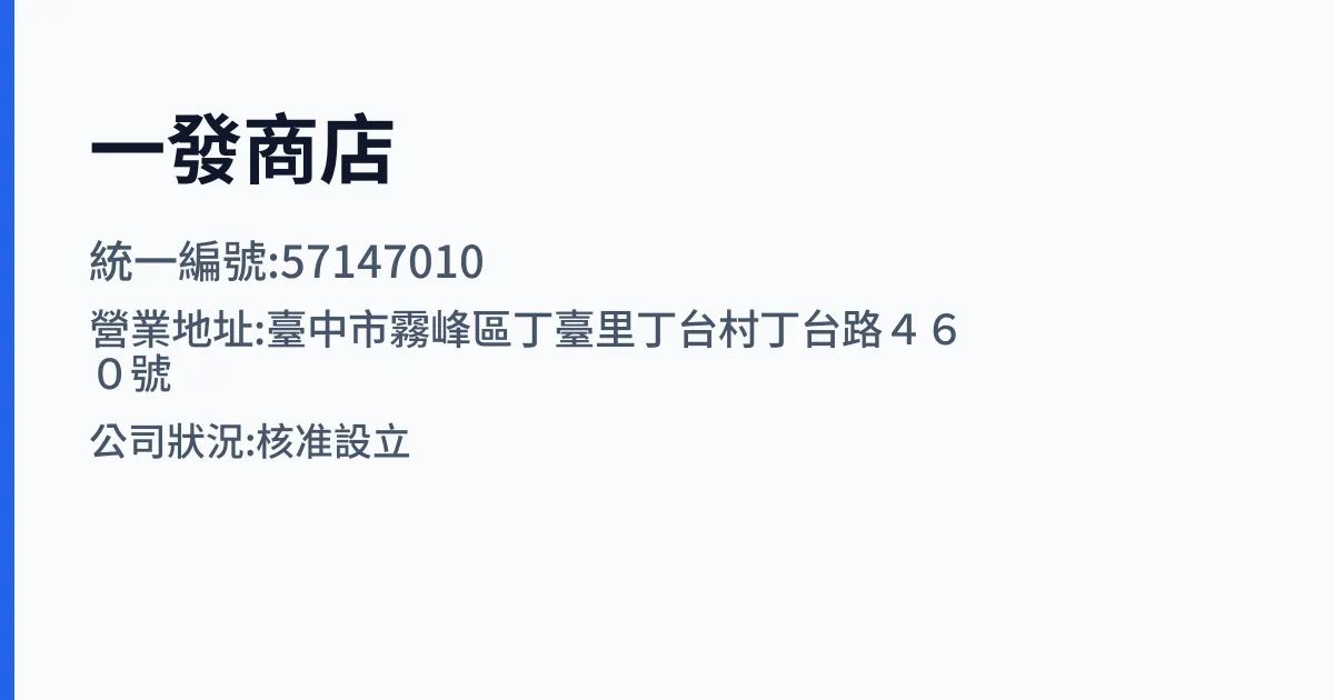 一發商店 - 統編 57147010(臺中市) 公司登記資料與營業項目詳細圖表