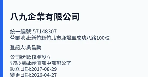 八九企業有限公司的照片-統編 57148307(新竹縣) 公司登記資料與營業項目詳細圖表
