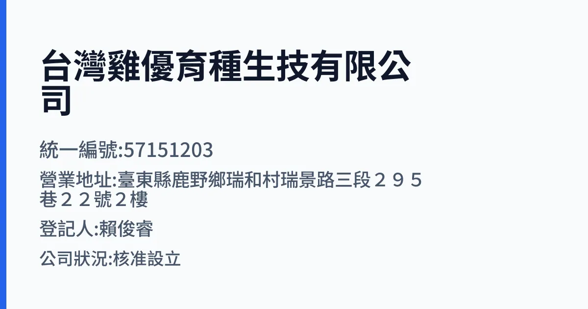 台灣雞優育種生技有限公司 - 統編 57151203(臺東縣) 公司登記資料與營業項目詳細圖表