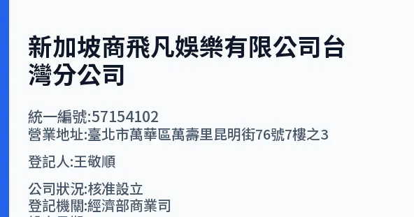 新加坡商飛凡娛樂有限公司台灣分公司的照片-統編 57154102(臺北市) 公司登記資料與營業項目詳細圖表