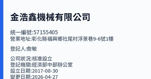 金浩鑫機械有限公司的照片-統編 57155405(彰化縣) 公司登記資料與營業項目詳細圖表