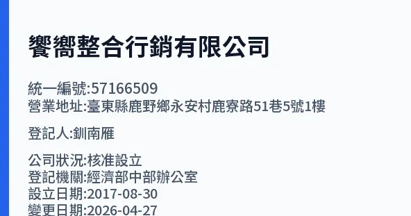 饗嚮整合行銷有限公司的照片-統編 57166509(臺東縣) 公司登記資料與營業項目詳細圖表