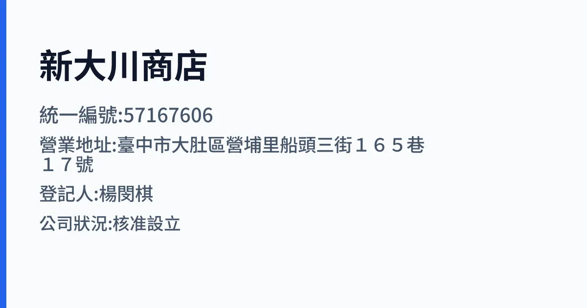 新大川商店 - 統編 57167606(臺中市) 公司登記資料與營業項目詳細圖表