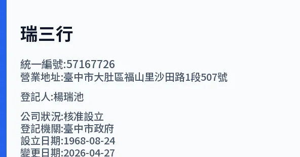 瑞三行的照片-統編 57167726(臺中市) 公司登記資料與營業項目詳細圖表