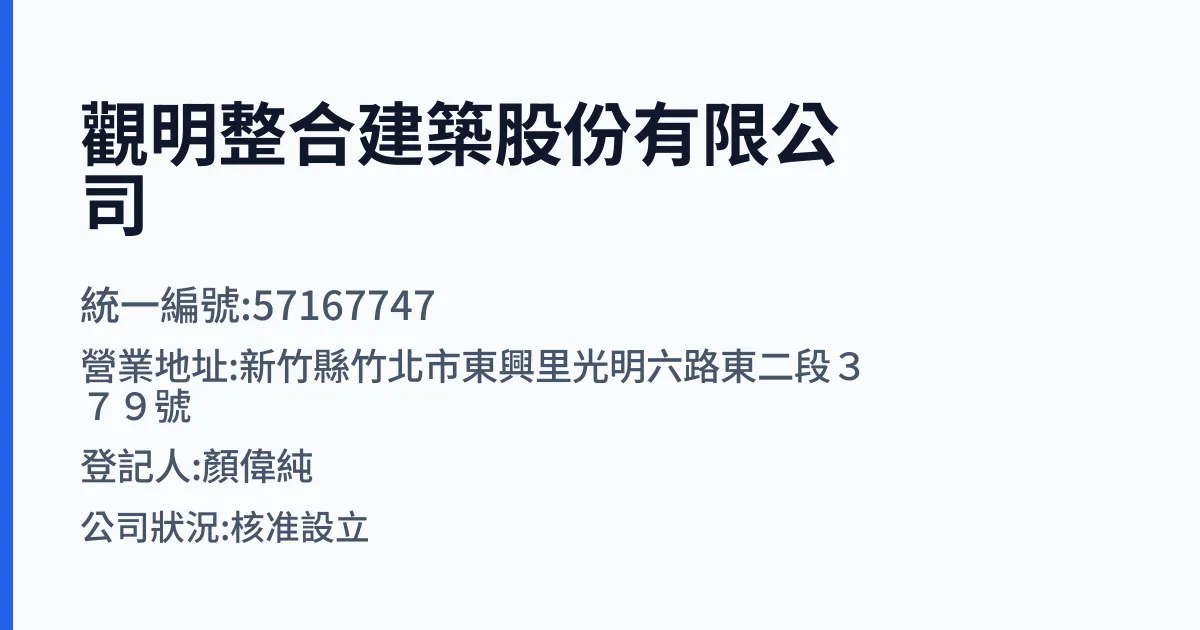 觀明整合建築股份有限公司 - 統編 57167747(新竹縣) 公司登記資料與營業項目詳細圖表