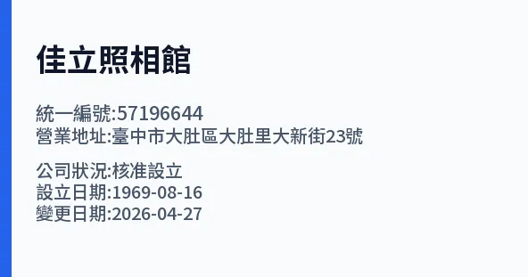 佳立照相館的照片-統編 57196644(臺中市) 公司登記資料與營業項目詳細圖表