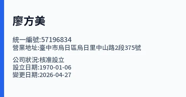 廖方美的照片-統編 57196834(臺中市) 公司登記資料與營業項目詳細圖表