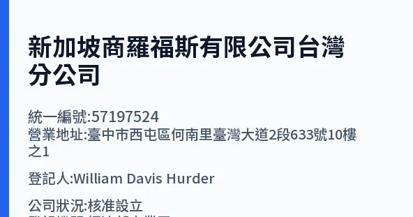 新加坡商羅福斯有限公司台灣分公司的照片-統編 57197524(臺中市) 公司登記資料與營業項目詳細圖表
