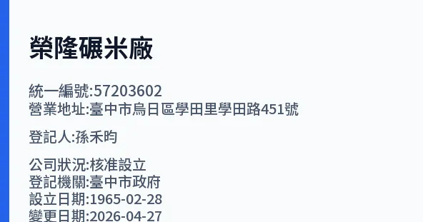 榮隆碾米廠的照片-統編 57203602(臺中市) 公司登記資料與營業項目詳細圖表