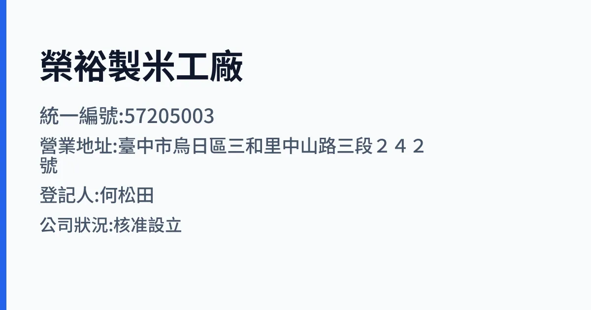榮裕製米工廠 - 統編 57205003(臺中市) 公司登記資料與營業項目詳細圖表