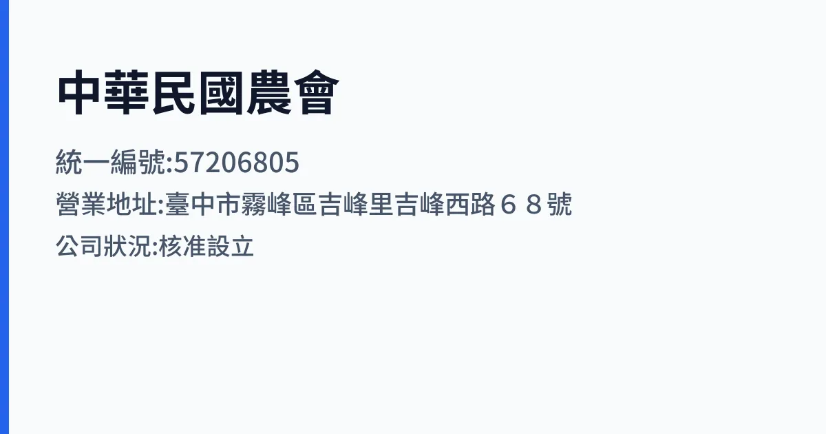 中華民國農會 - 統編 57206805(臺中市) 公司登記資料與營業項目詳細圖表